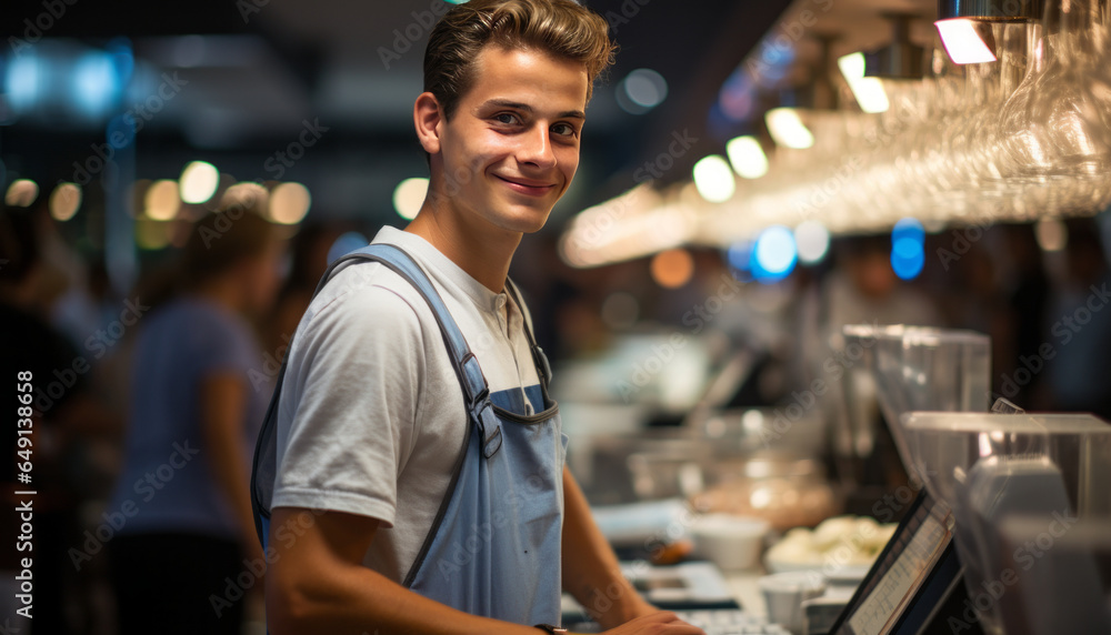 young cashier in a supermarket works behind the cash register as a part ...