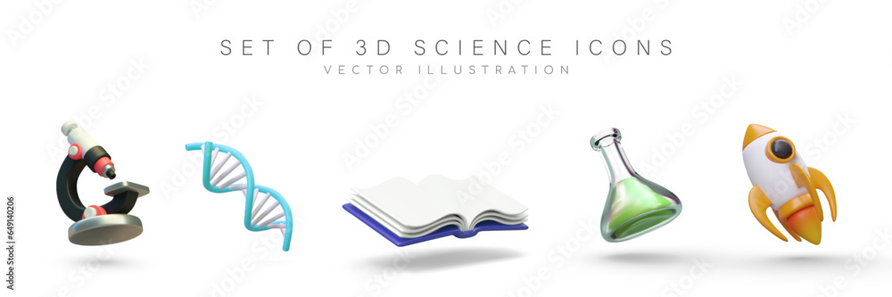 Set of 3D science icons on white background. Isolated color image with ...