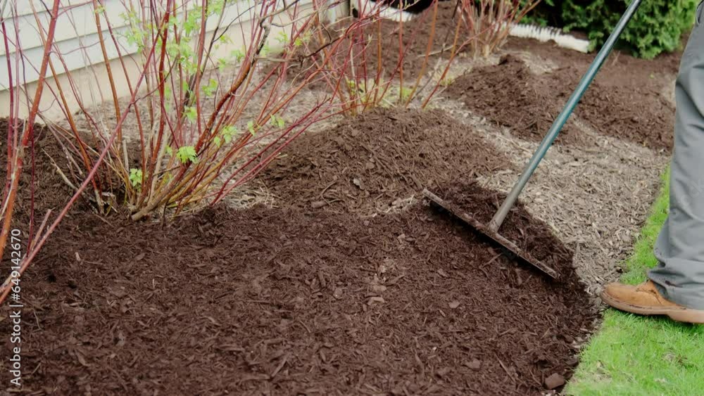 They are leveled with a rake mulch, mulching garden plants with tree ...