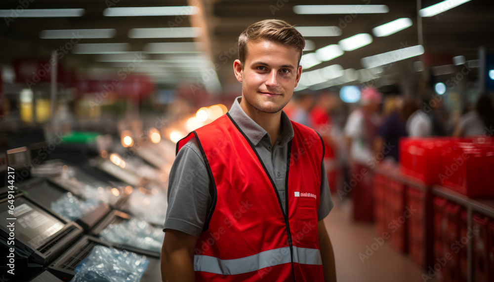 young cashier in a supermarket works behind the cash register as a part ...