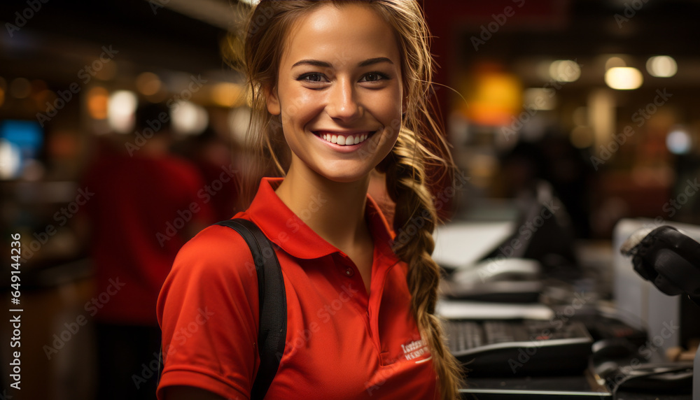 young cashier in a supermarket works behind the cash register as a part ...