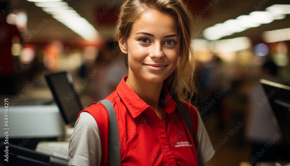 young cashier in a supermarket works behind the cash register as a part ...