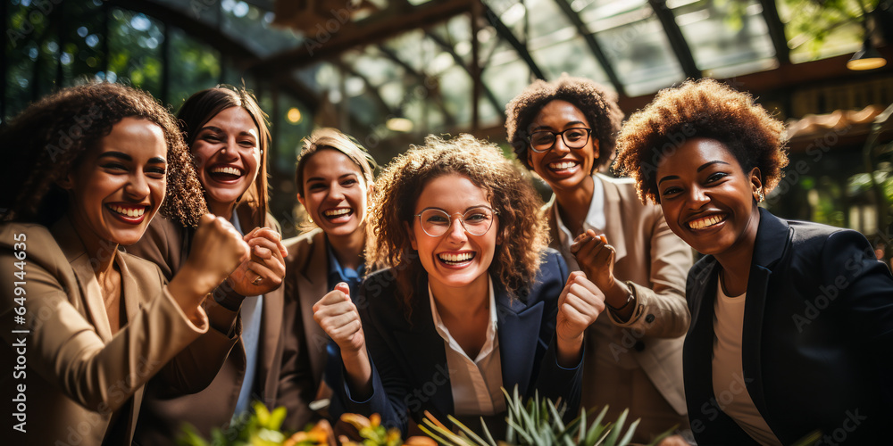 Empowering picture of diverse women in vibrant uniforms celebrating ...