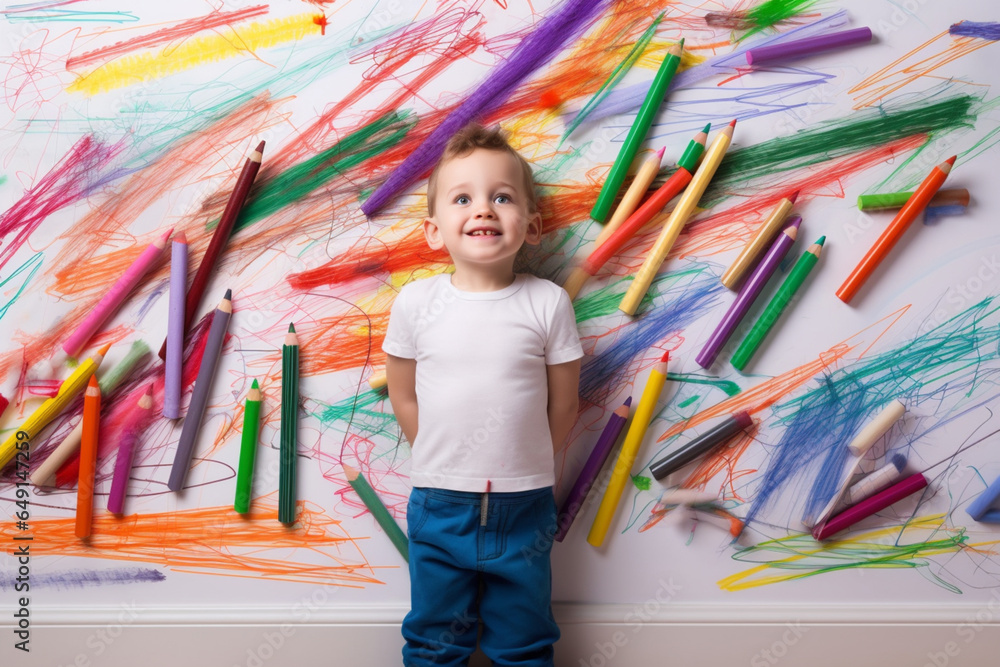 Child mischief, Boy with a distracted face because he drew the entire ...
