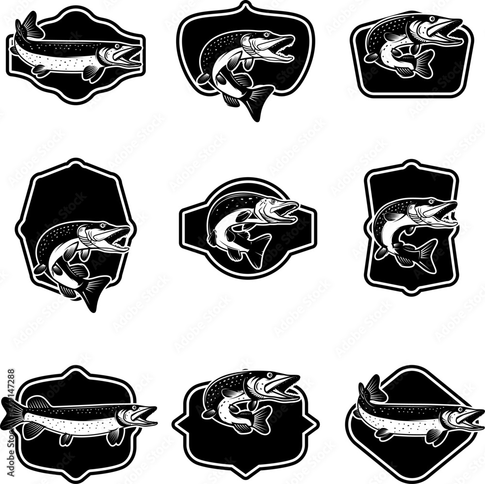 Set of fishing emblems with pike fish Design element for emblem, sign ...