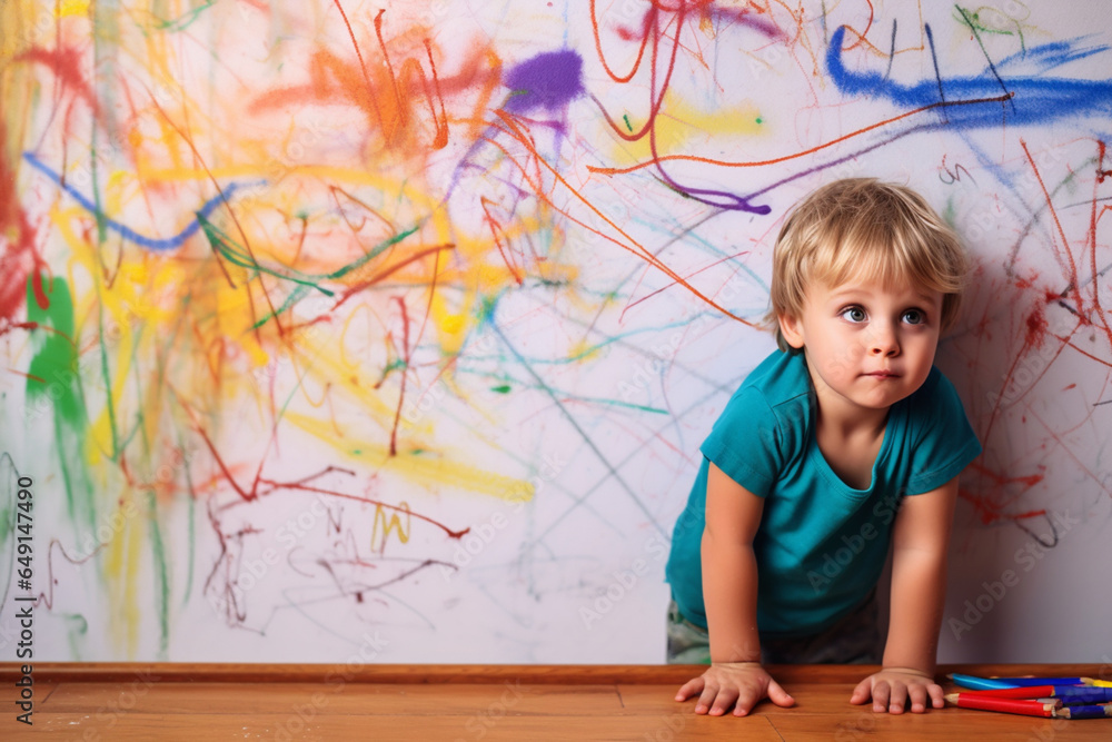 Child mischief, Boy with a distracted face because he drew the entire ...