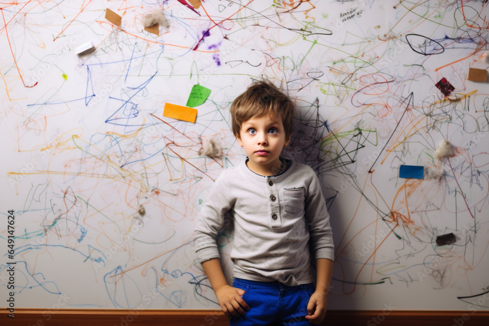 Child mischief, Boy with a distracted face because he drew the entire ...