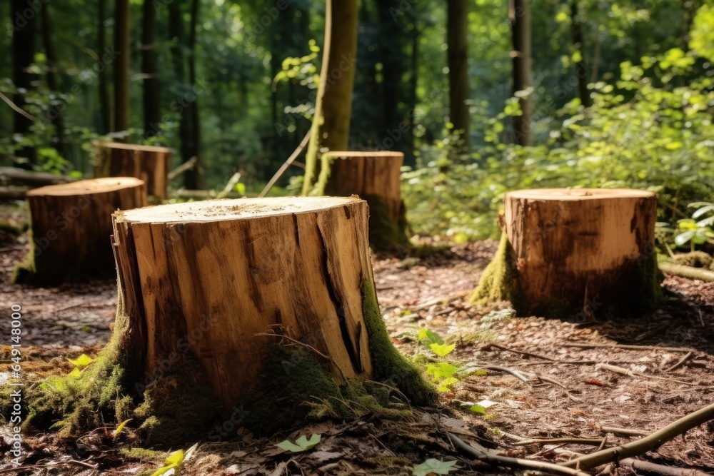Many tree stumps in summer forest. Deforestation and forest degradation. Stock Photo | Adobe Stock