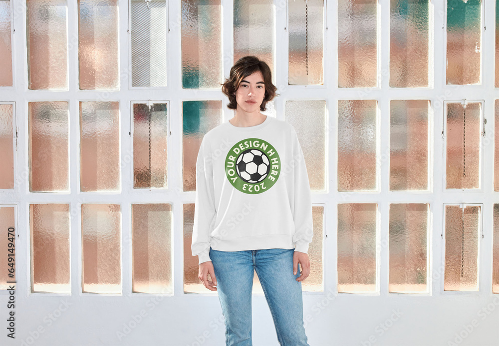 Mockup of woman wearing sweatshirt with customizable color by window ...