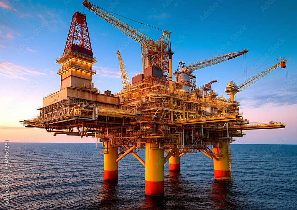 Drilling rig in north sea with living quarters and large cranes.Oil and ...