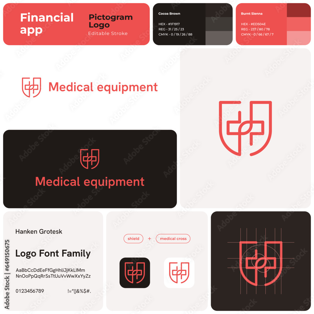 Medical equipment line business logo with brand name. Shield and ...