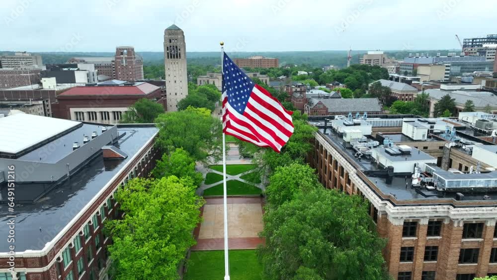American flag waving on Ingalls Mall on University of Michigan campus ...