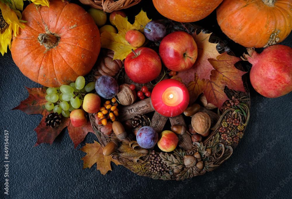Wiccan altar for Mabon sabbat. fruits, pumpkins, candle, nuts and wheel ...