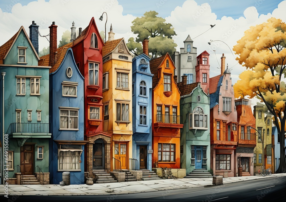 Colorful cartoon illustration houses in a row Stock Illustration ...