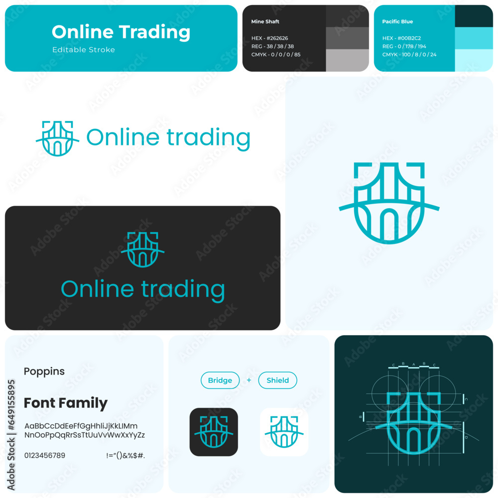 Online trading business logo with brand name. Bridge and shield icon ...