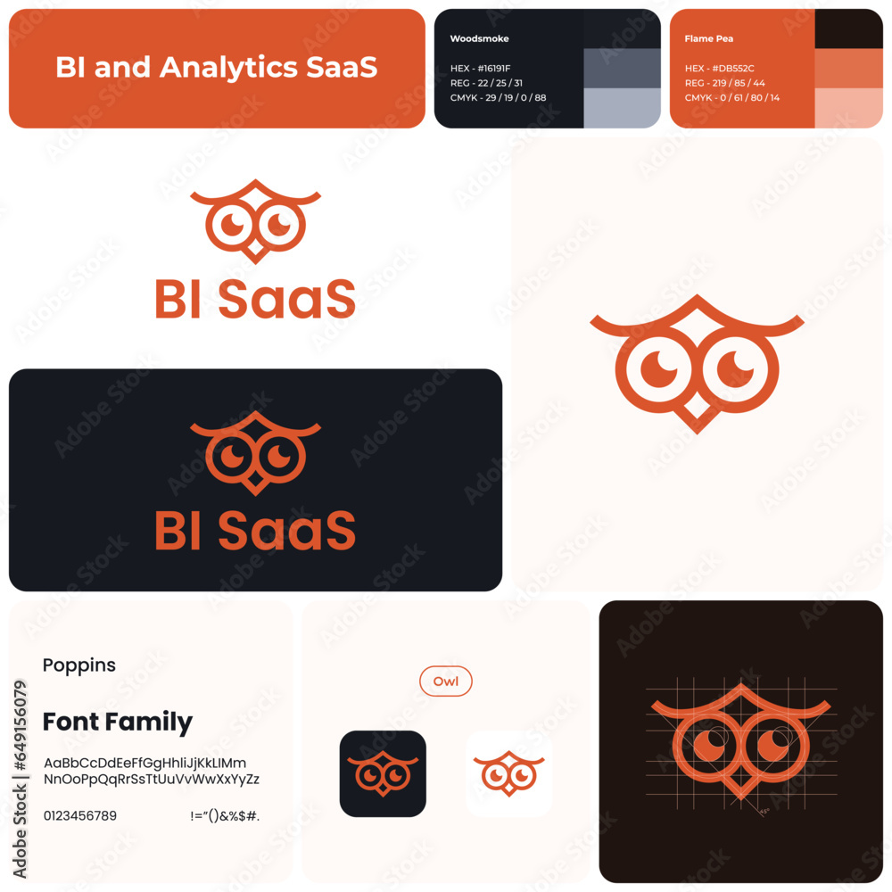 BI and analytics SaaS blue line business logo with brand name. Owl icon ...