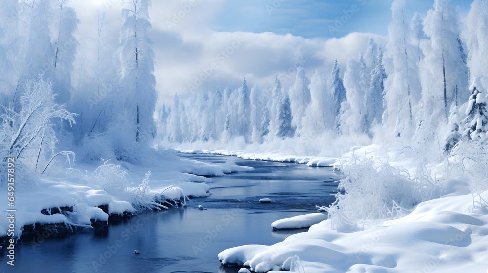 A beautiful winter scene by the river, with glistening white snow ...