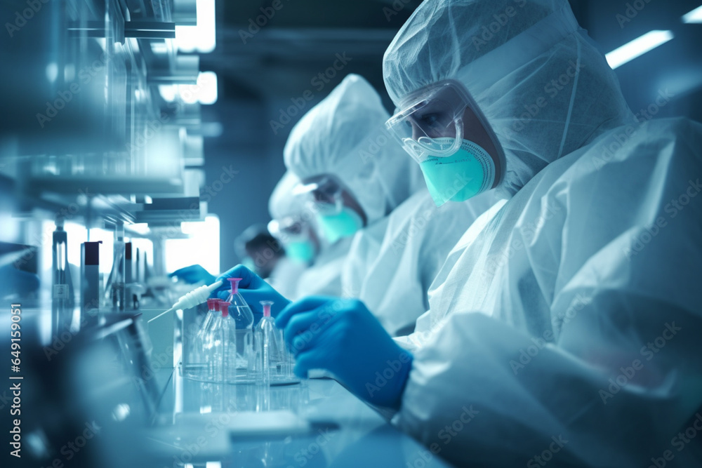 Blood, covid and doctors in a science laboratory testing dna and rna to ...