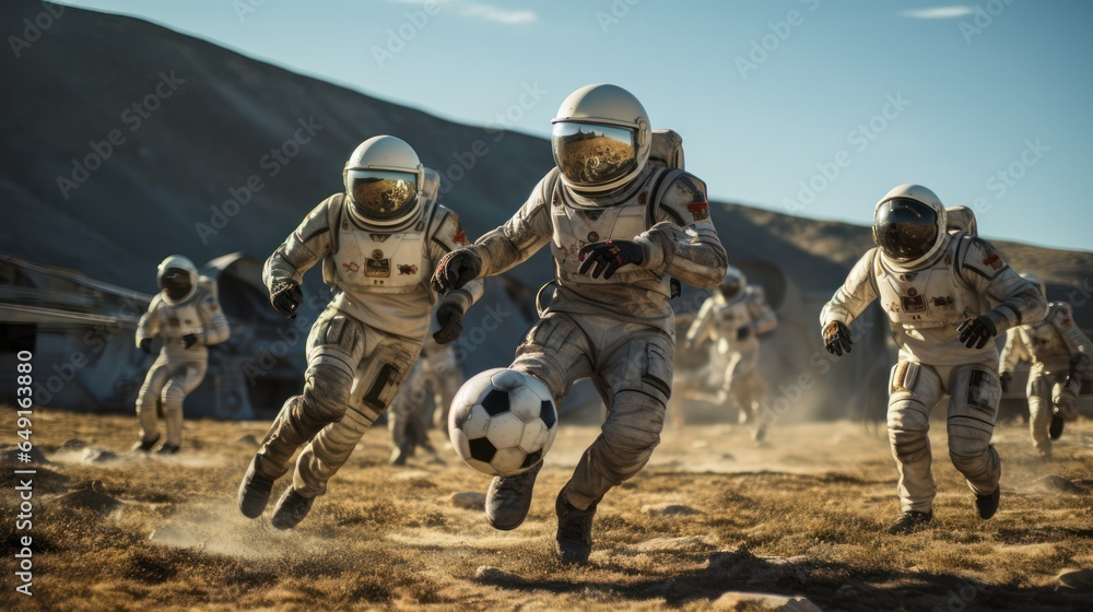 Astronauts competing in a cosmic football match Stock Illustration ...