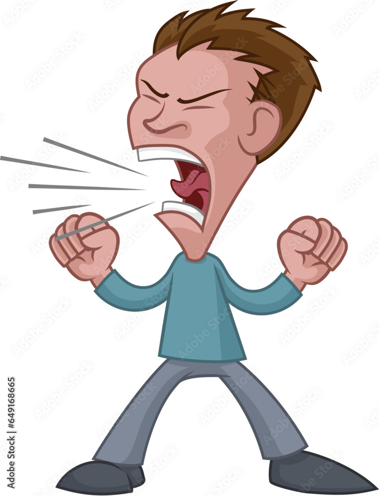 An angry man cartoon character mascot shouting, yelling or screaming ...