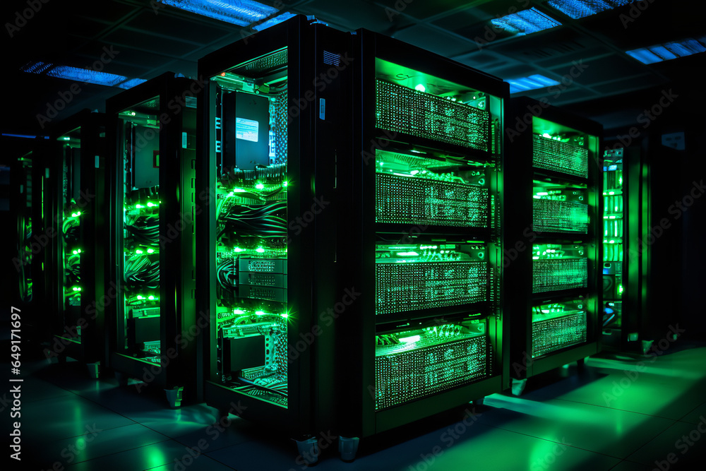 Multiple servers in a data center display green lights, indicating all ...