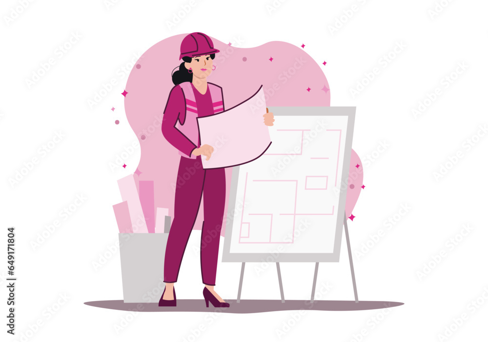 Woman architect concept with people scene in the flat cartoon style. A ...