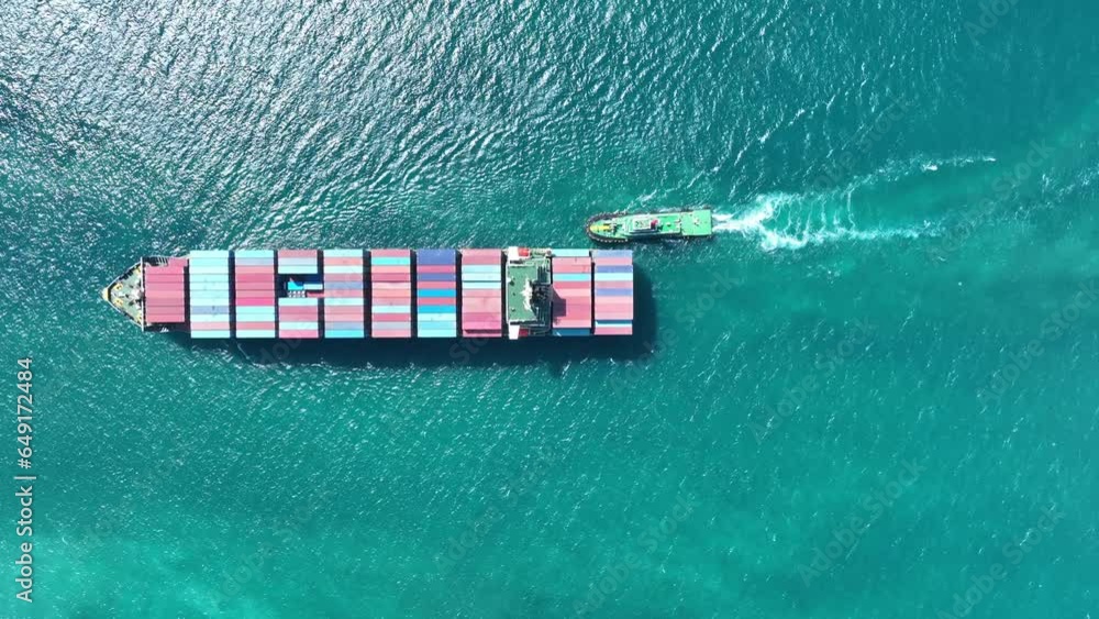 Cargo container Ship with tug boat, cargo maritime ship with contrail ...