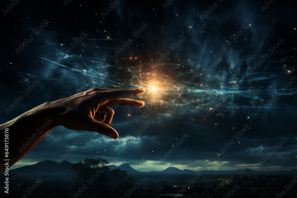 A surreal composition featuring a human hand reaching out to touch a ...