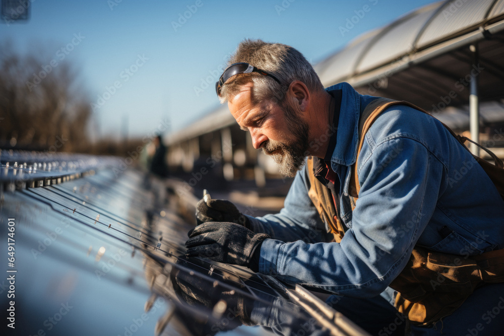 Side view of solar power plant worker repairing panel, cell after ...