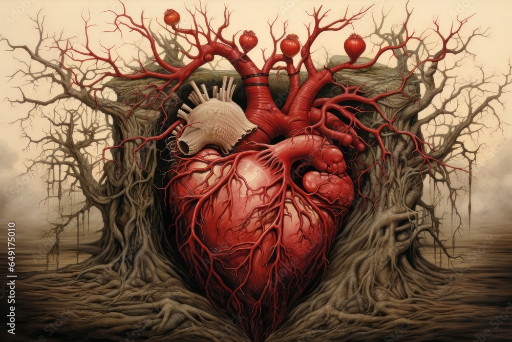 An abstract, surreal representation of a human heart, with veins and ...