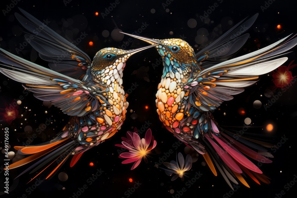 An abstract, surreal portrait of two Hummingbird with elongated necks ...