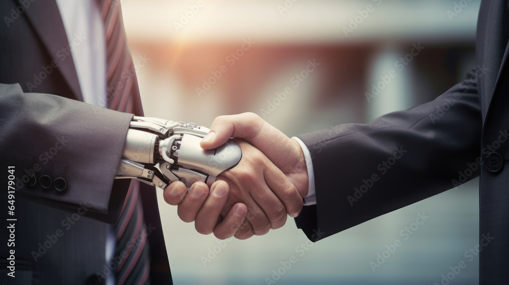 Businessman and AI robot handshake on dark background, business ...