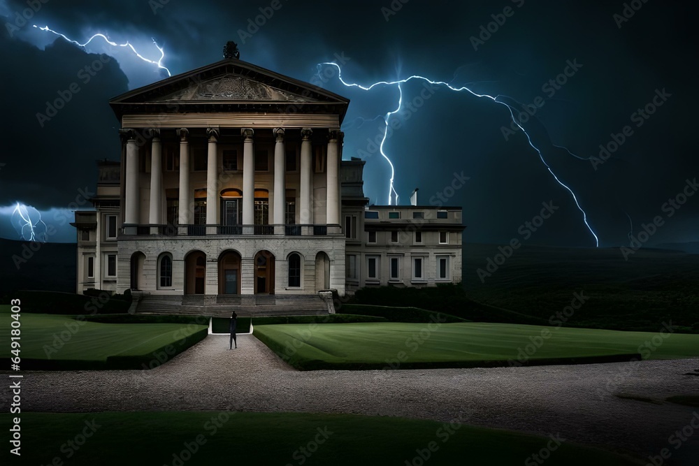 A haunted Halloween mansion on a stormy night, with lightning ...