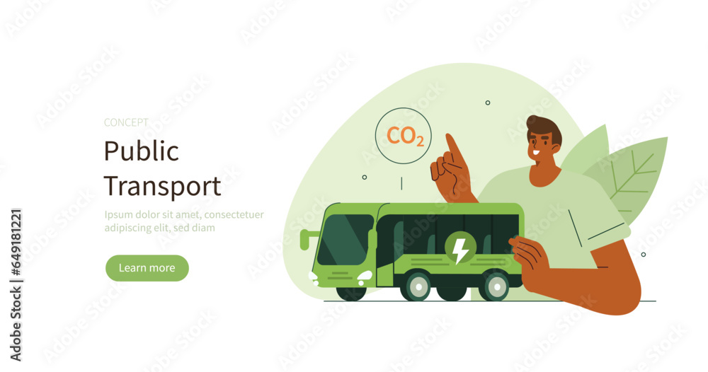 Climate change and sustainability. Character showing benefits of public ...