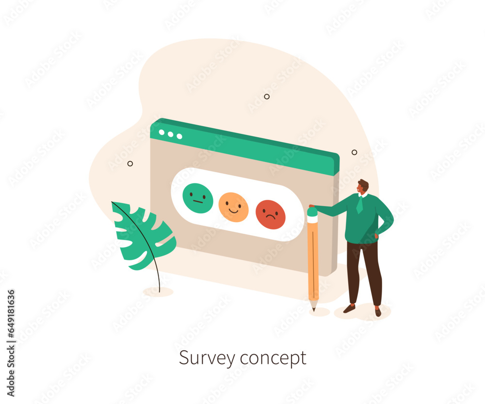 Survey. Character choosing emoji on rating scale to show customer ...