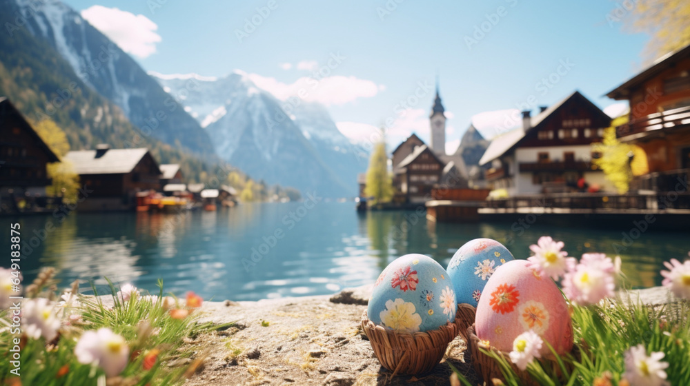Easter holiday time in Hallstatt Village background in paper art and ...