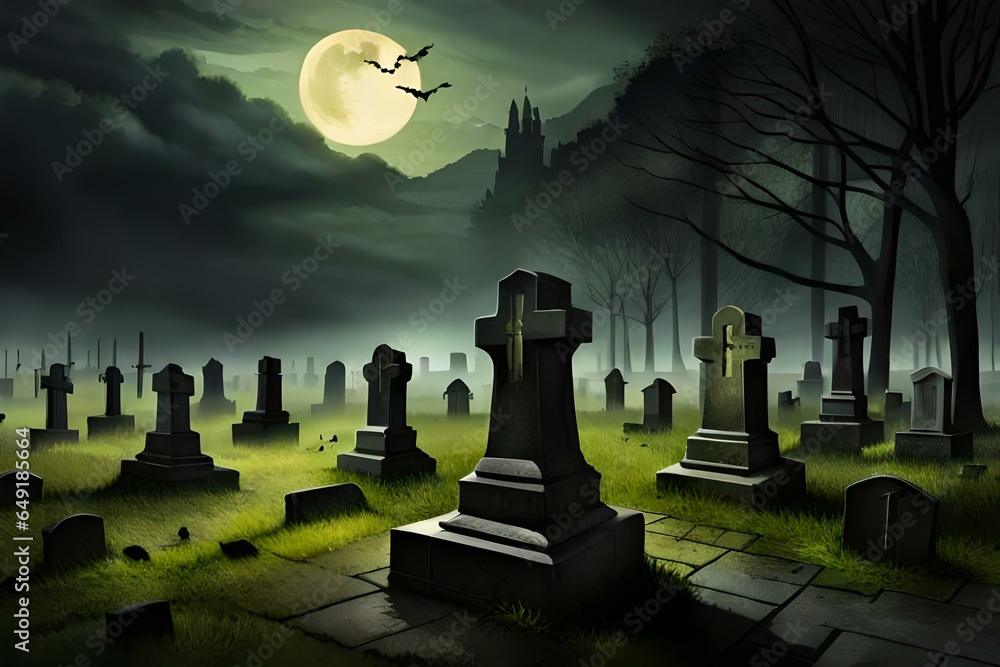 A spooky Halloween graveyard illuminated by flickering candlelight ...