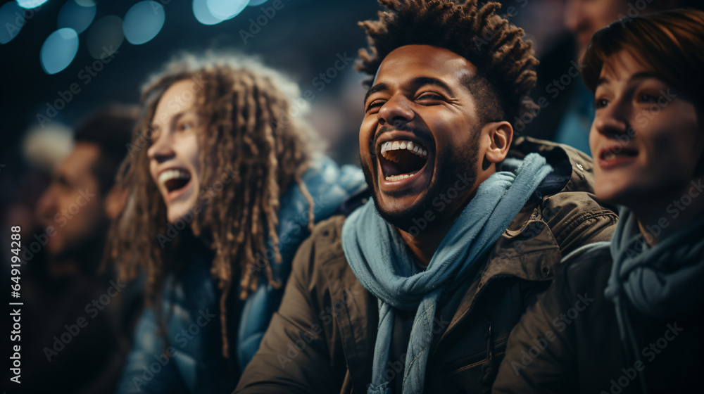 Realistic scene of 3 friends in stadium cheering happily - Generative ...