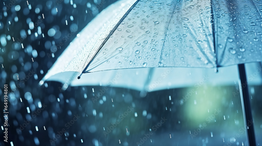 Transparent umbrella under heavy rain against water drops splash ...