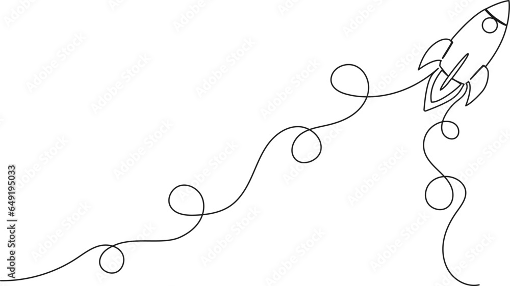 continuous single line drawing of rocket spaceship takeoff, rocket ...