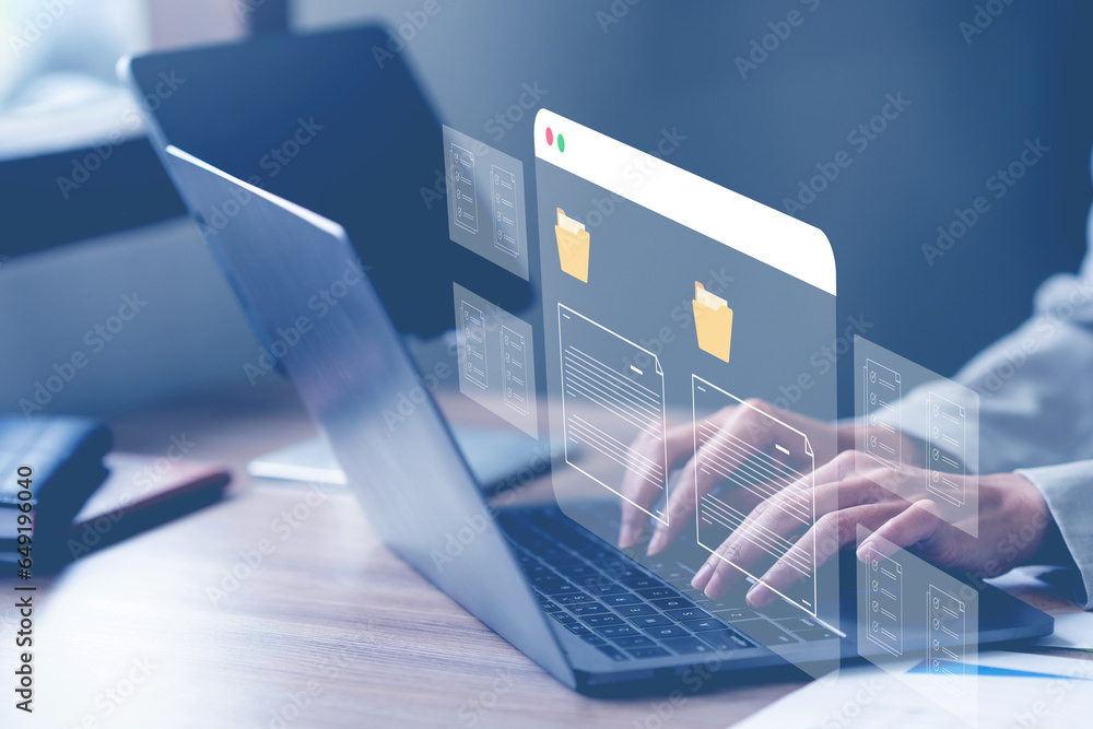 Business document icon. Business people using laptop computer to store ...