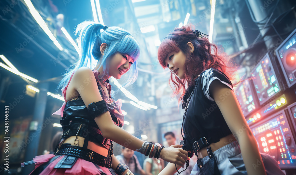 Two happy excited pretty stylish cool diverse gen z girls friends ...