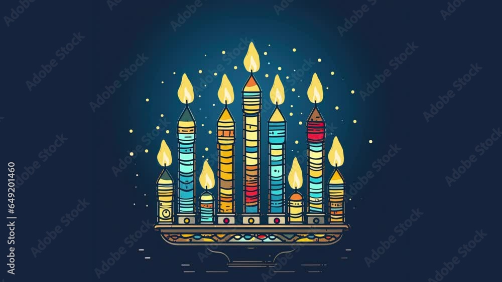 Hanukkah menorah candelabrum with nine lit candles. Video flat cartoon ...