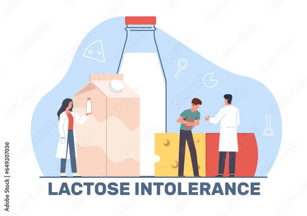 Concept of lactose intolerance, man feels unpleasant sensations in ...