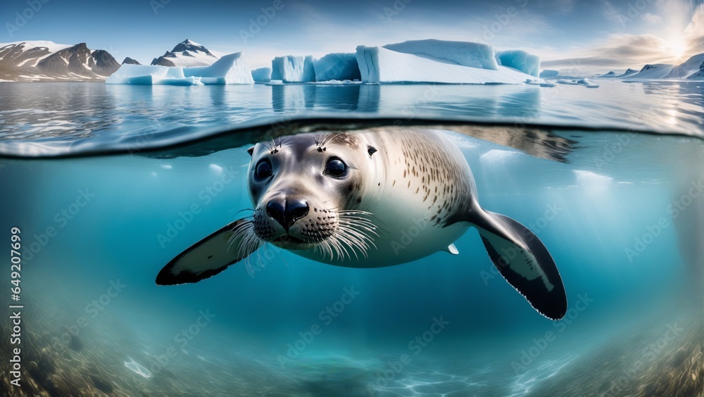 Foto einer Robbe in der Arktis. Abbildung zur Hälfte über und zur ...