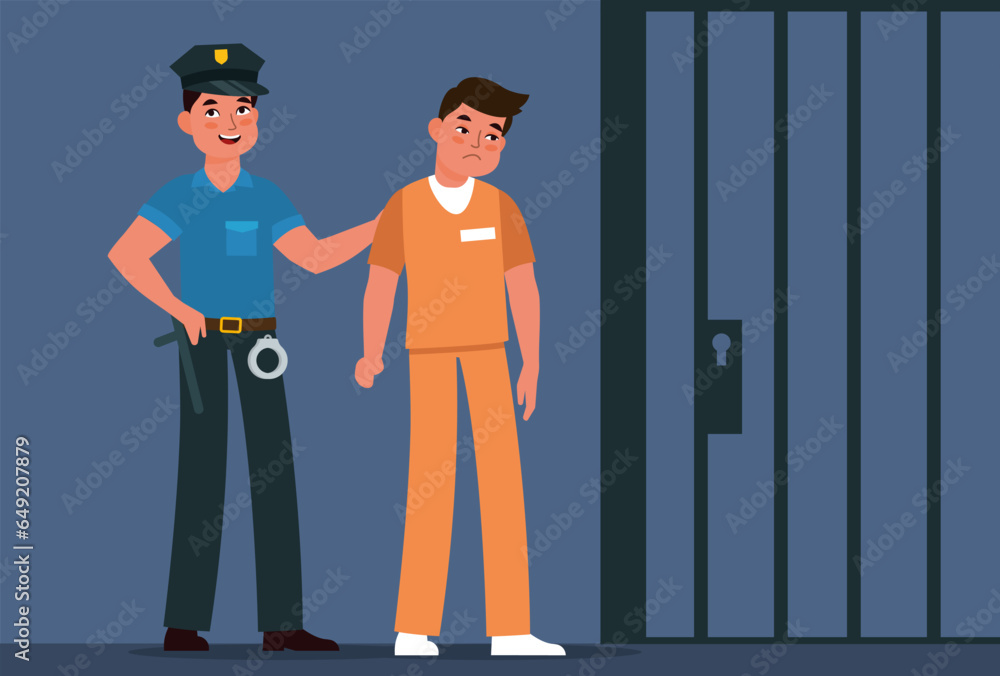 Jailer leads convict to prison cell. Policeman and prisoner in handcuff ...