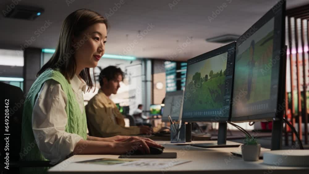 Female Asian Game Developer Using Desktop Computer, Designing Unique ...