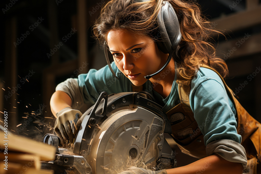 Captivating professional female carpenter carefully adjusting a ...