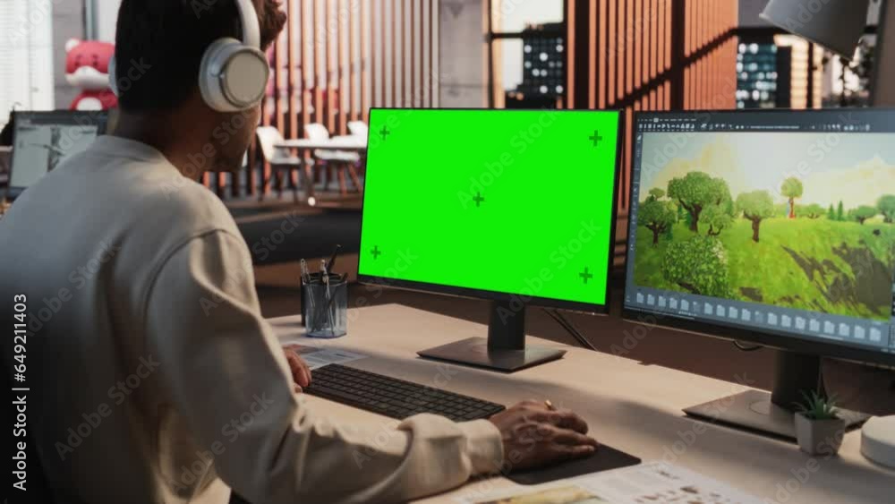 Indian Male Game Designer Using Desktop Computer With Green Screen ...