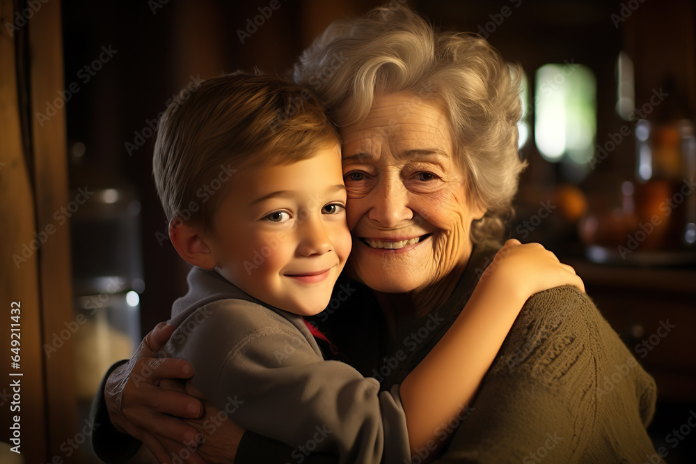Tender Embrace Old Grandmother Lovingly Hugs Her Young Grandson at Home ...
